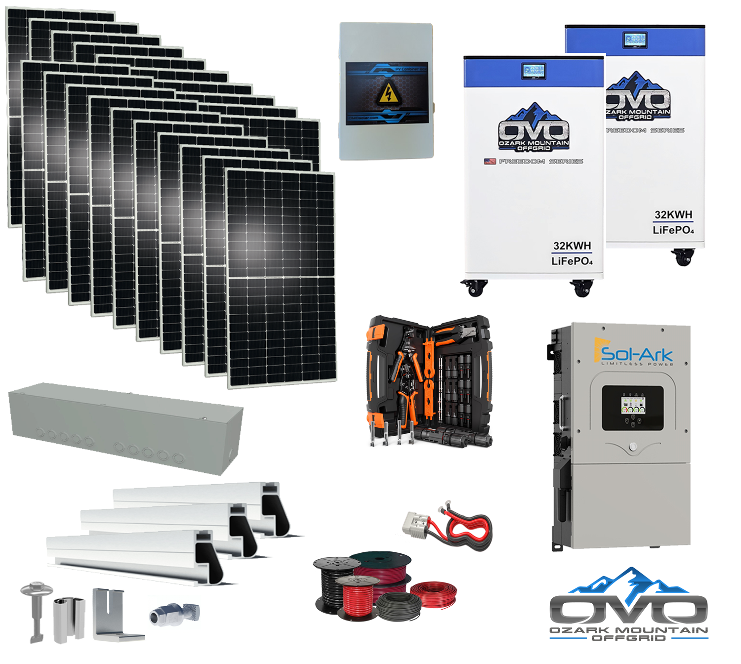 10KW Complete Offgrid Solar Kit + 15K Sol-Ark Inverter + 2x 32kWh OMO